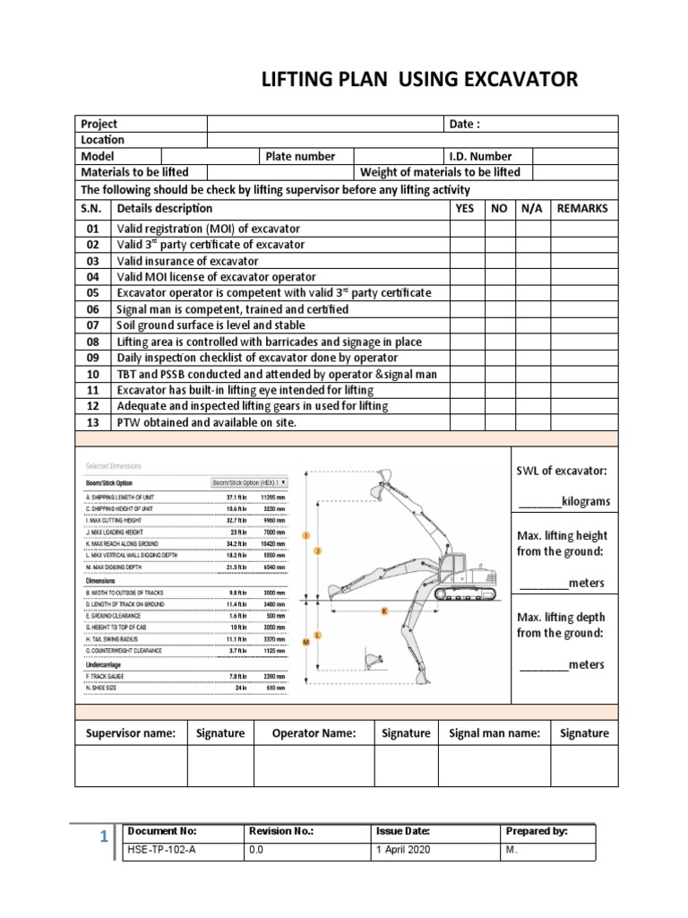 HSE-TP-102-A Lifting Plan Using Excavator | PDF