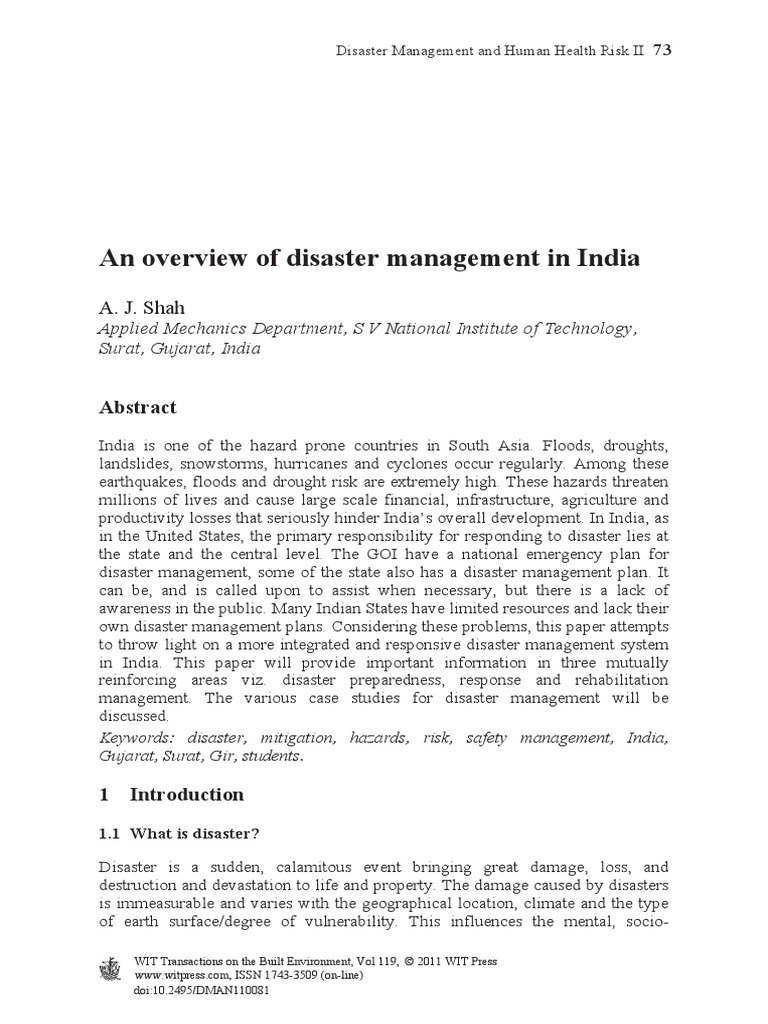 An Overview of Disaster Management in India: A. J. Shah | PDF ...
