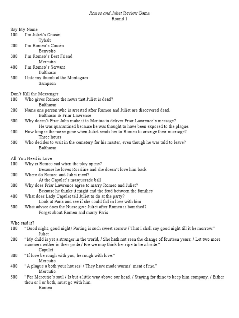 Romeo and Juliet Review Game | PDF | Characters In Romeo And Juliet ...