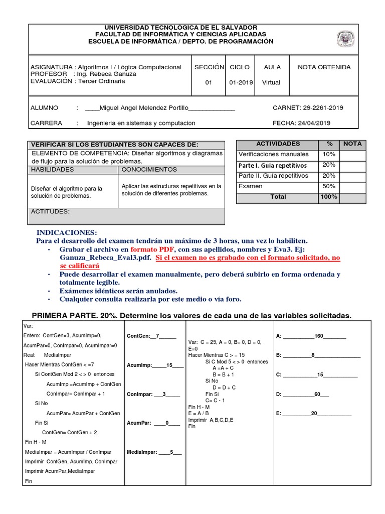 Melendez Miguel Eval3 | PDF | Prueba (evaluación) | Algoritmos
