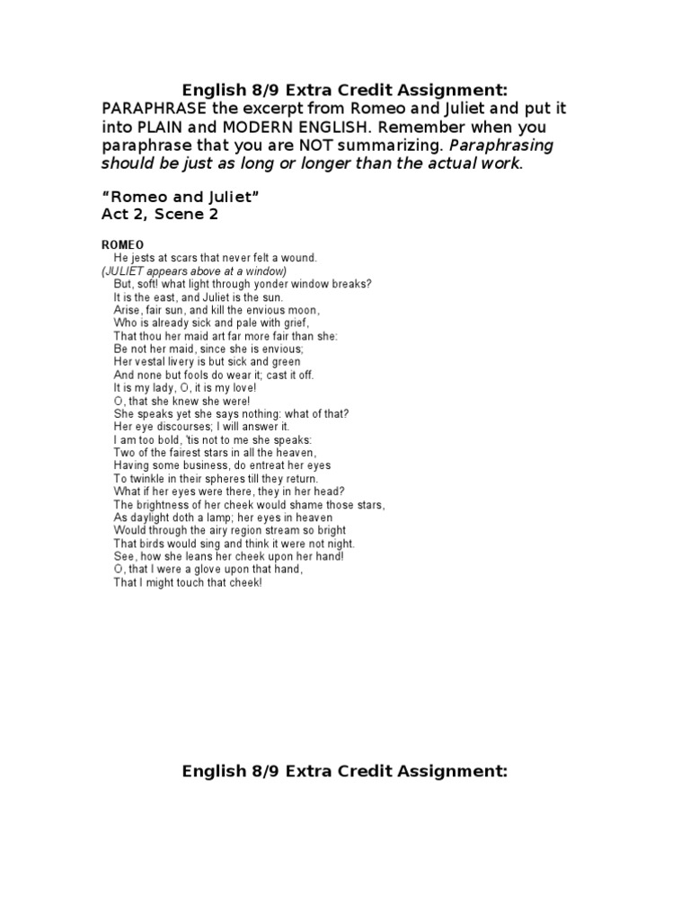 English Extra Credit Assignment | PDF | Characters In Romeo And Juliet ...