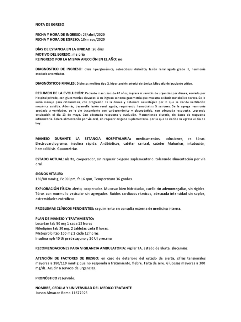 Nota de Egreso Roberto Ramirez | PDF | Neumonía | Diabetes