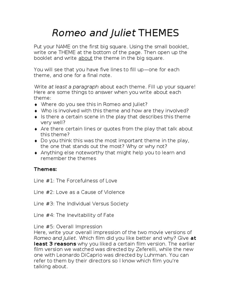 Romeo and Juliet THEMES Worksheet | Romeo And Juliet