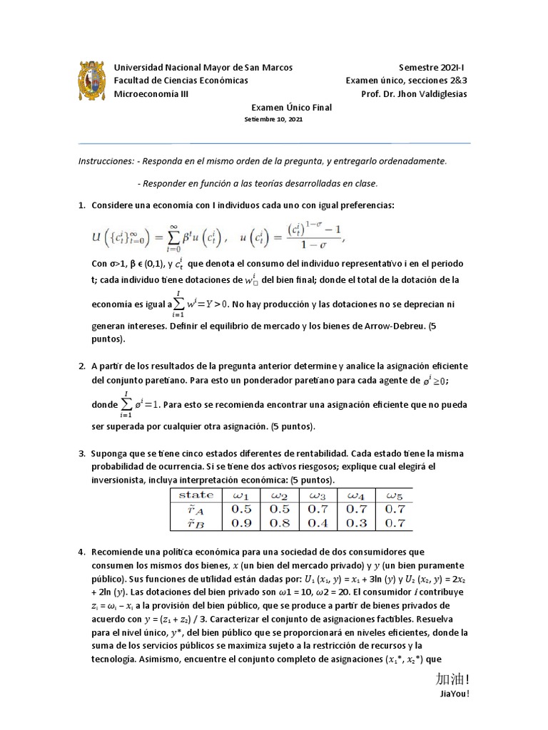 Exámen Microeconomía III Final Único 2021-I (secciones 2&3) | PDF | Microeconomía | Ciencias ...