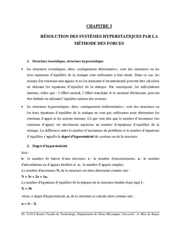 Chapitre 3 Résolution de Systèmes Hyperstatiques Par La Méthode Des Forces | PDF | Flexion ...