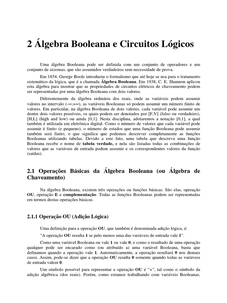 2 Álgebra Booleana e Circuitos Lógicos: 2.1 Operações Básicas Da ...