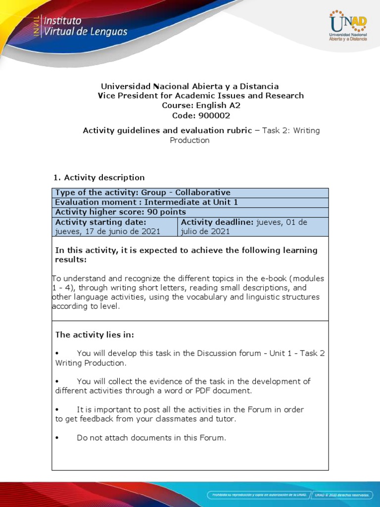 Activity Guide and Evaluation Rubric - Unit 1 - Task 2 - Writing Production | Download Free PDF ...