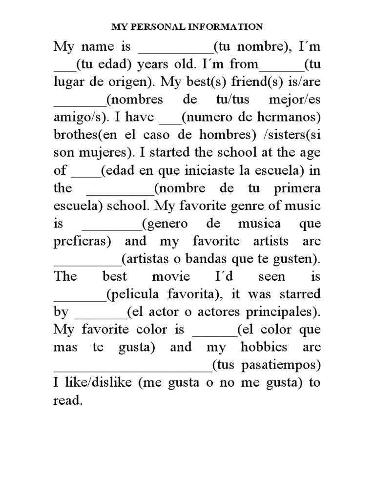 My Personal Information Formato | PDF | Artes del Lenguaje y Comunicación
