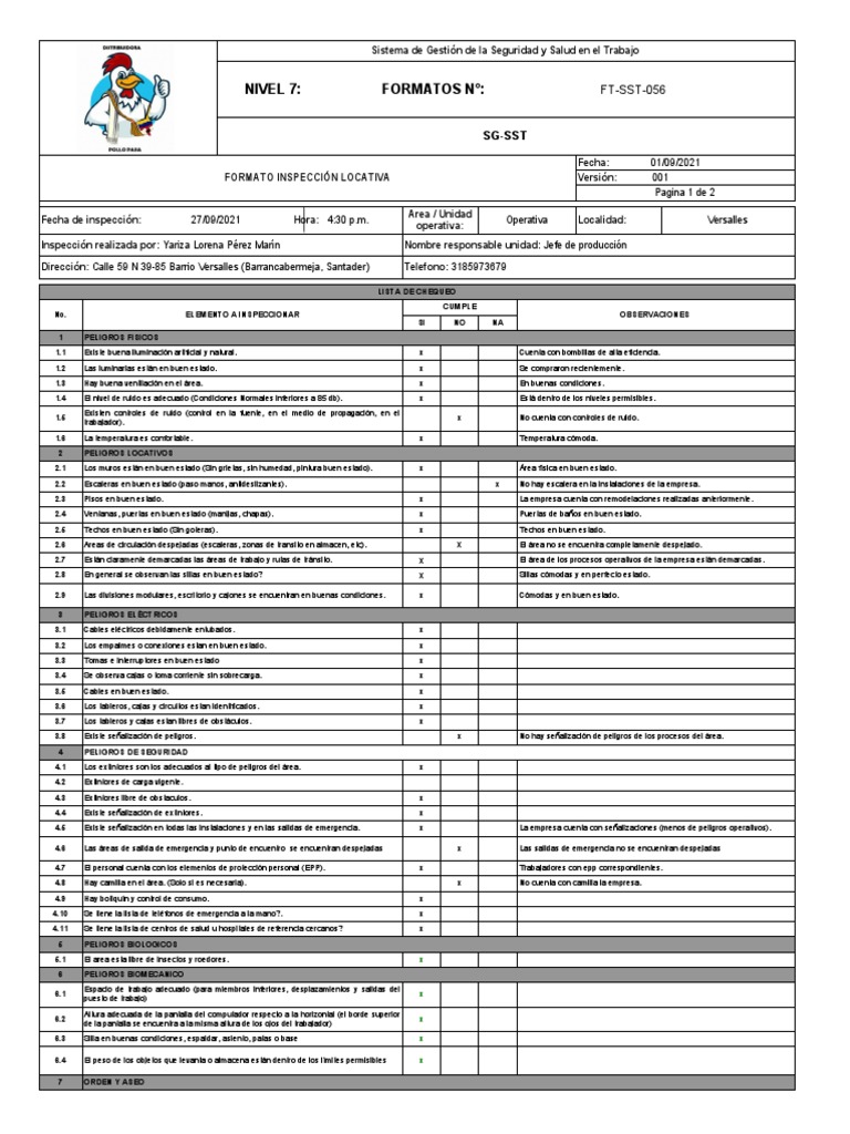 FT-SST-056 Formato Inspección Locativa Pollo Paisa | PDF