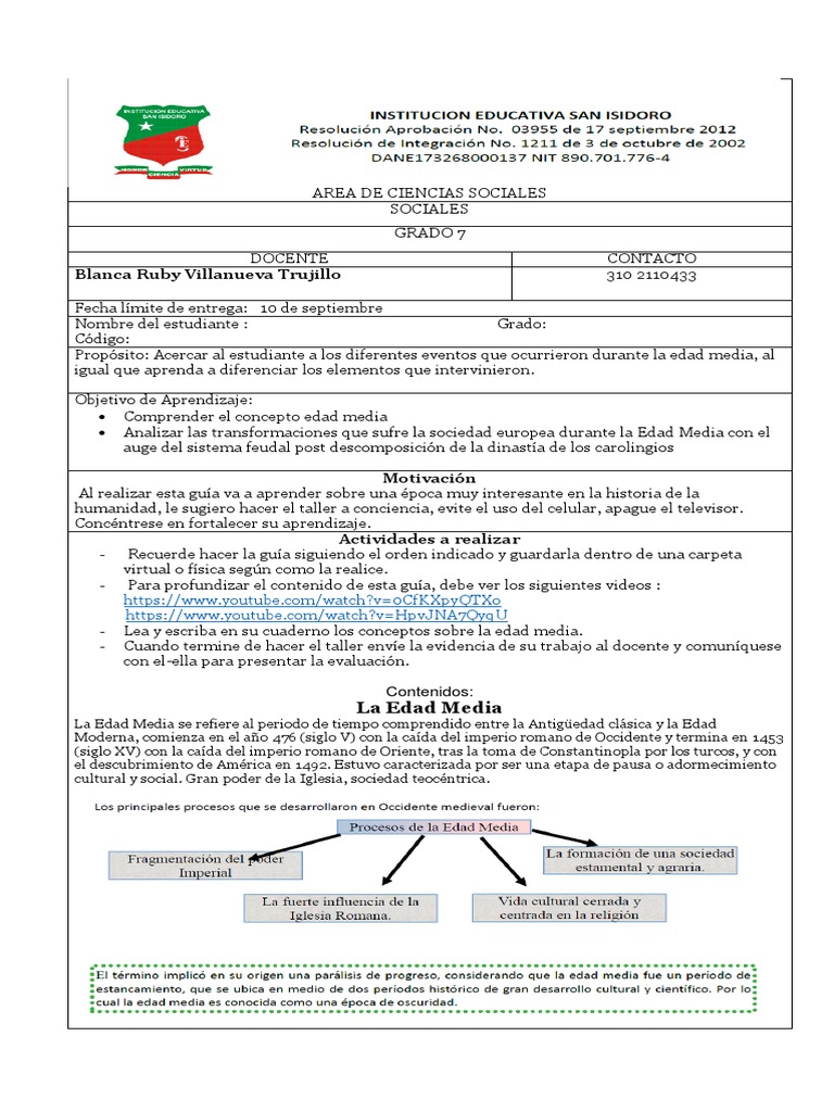 Area de Ciencias Sociales Edad Media Septimo Grado | PDF | Edades ...