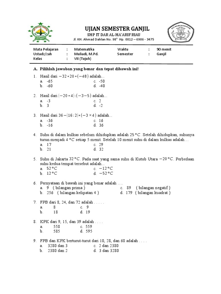 Soal MTK Uas Sem Ganjil KLS 7 | PDF