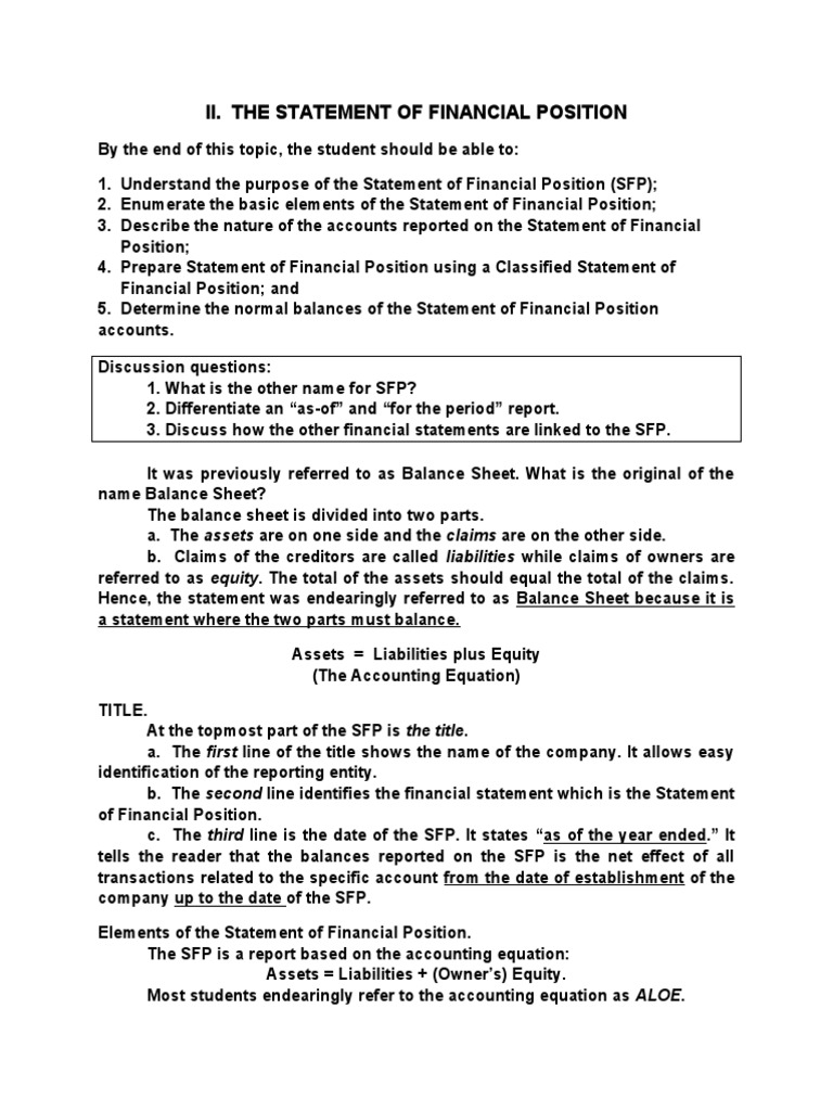 Lecture ABM2 II. The Statement of Financial Postion | PDF | Balance ...