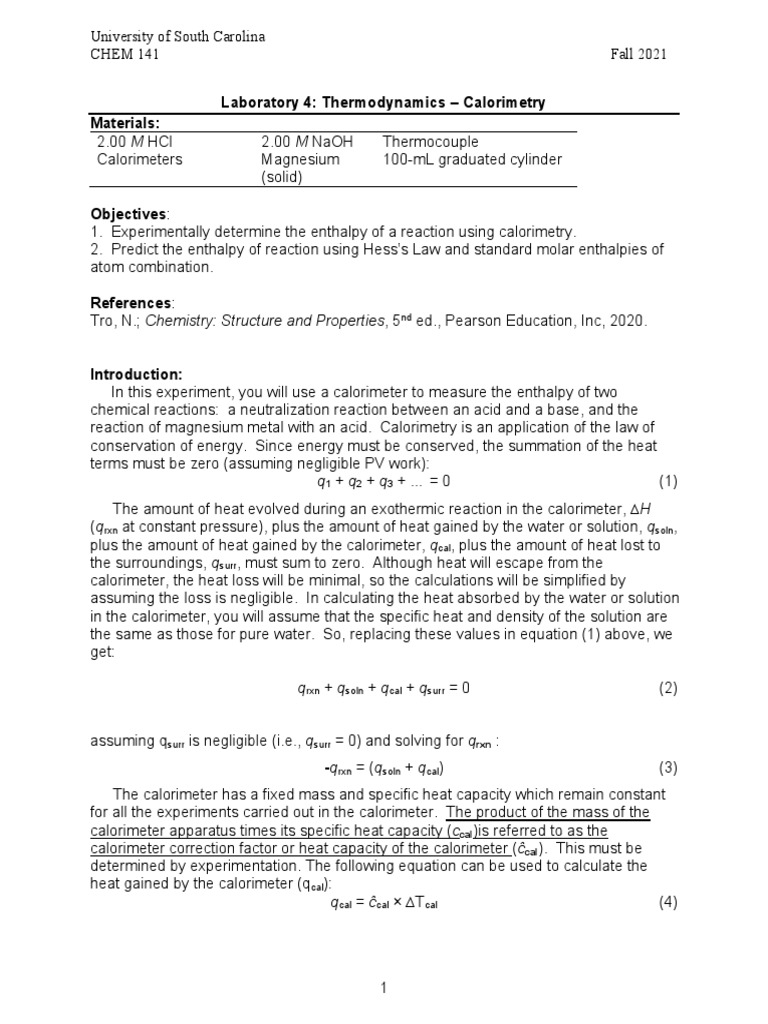 CHEM 141 Lab 4 (Calorimetry) Procedure | PDF | Heat | Calorimetry