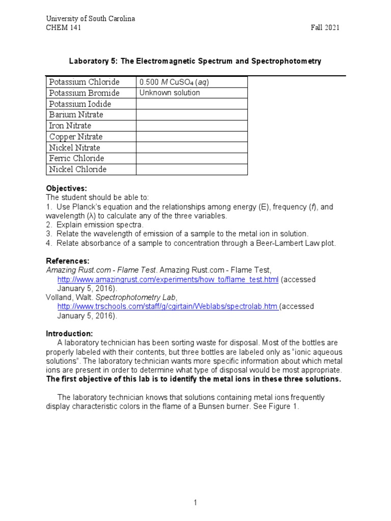 CHEM 141 Lab 5 (Spectrophotometry) Procedure | PDF | Emission Spectrum ...