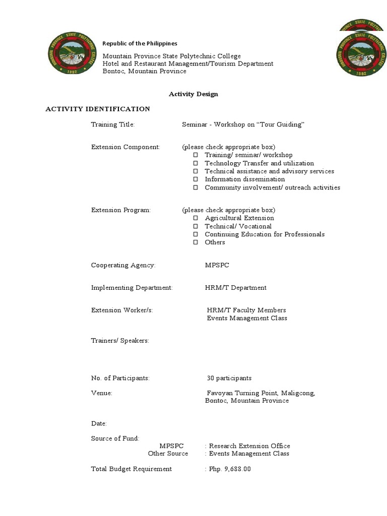 Activity Design Activity Identification: Republic of The Philippines ...
