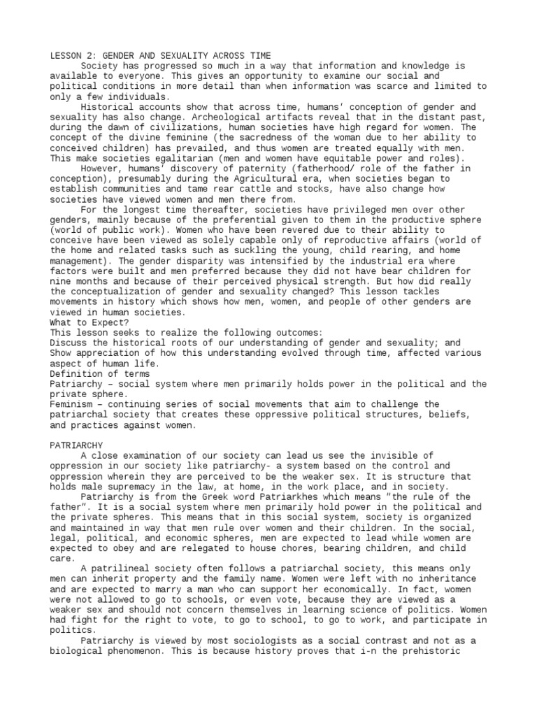 Lesson 2 Gender And Sexuality Across Time Pdf Patriarchy Gender