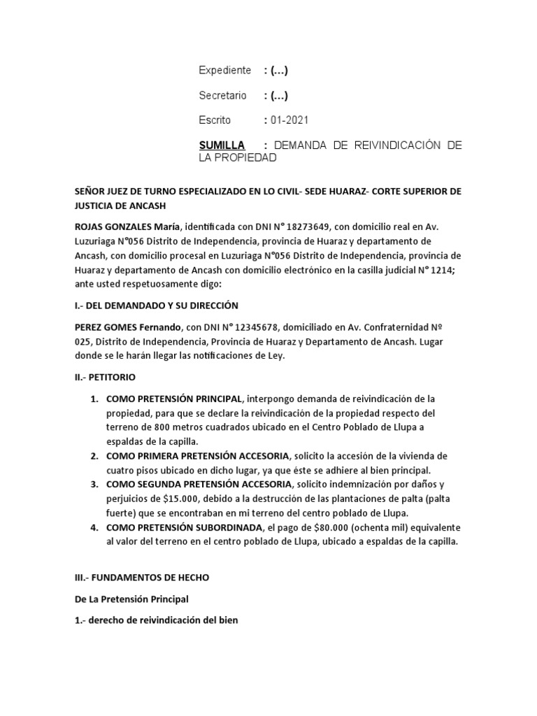 Demanda Con Pretensiones Principales y Accesorias | PDF | Propiedad ...