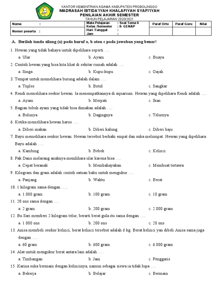 SOAL Tema 6 Kelas 2 | PDF