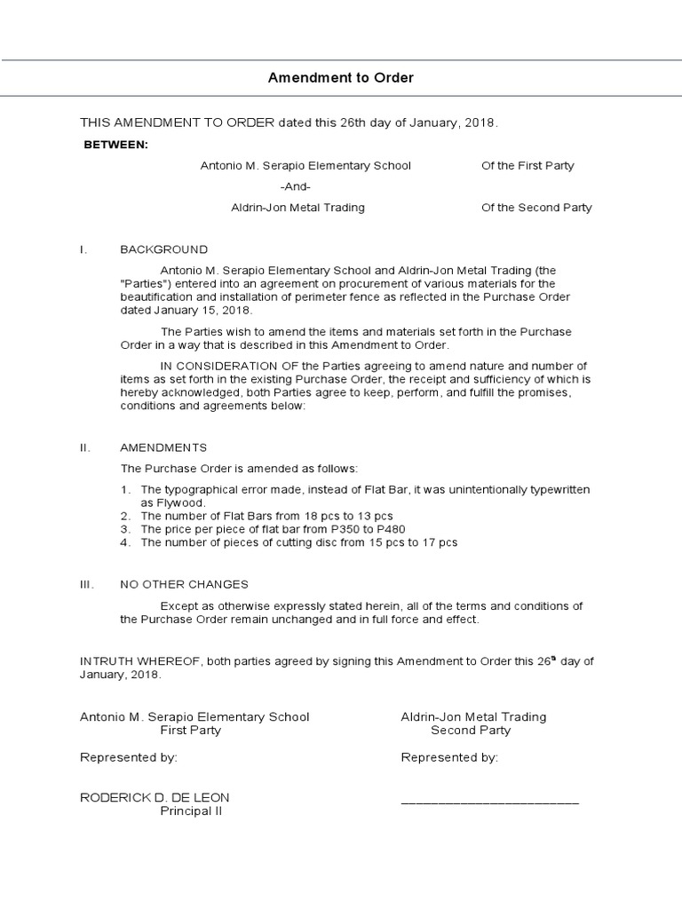 Amendment to Purchase Order | PDF | Business | Supply Chain Management
