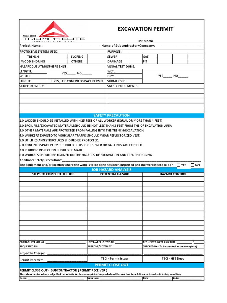 Excavation Permit: Project Name: - Name of Subcontractor/Company | PDF ...