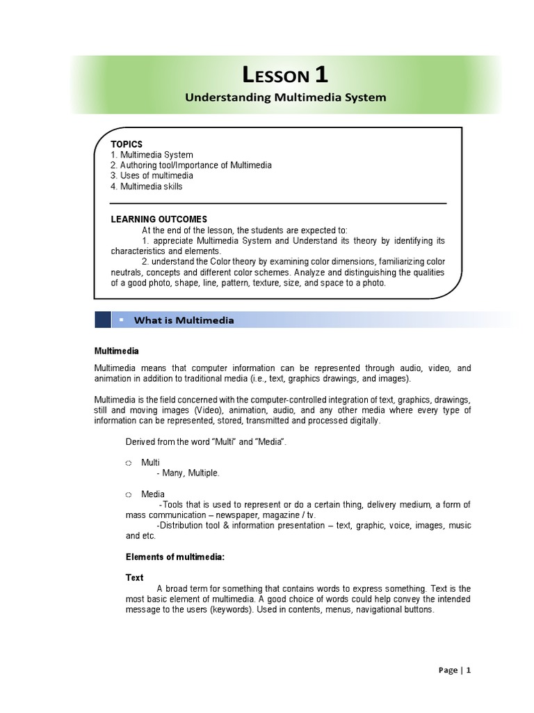 Lesson 1 Understanding Multimedia System | PDF | Multimedia | Graphics