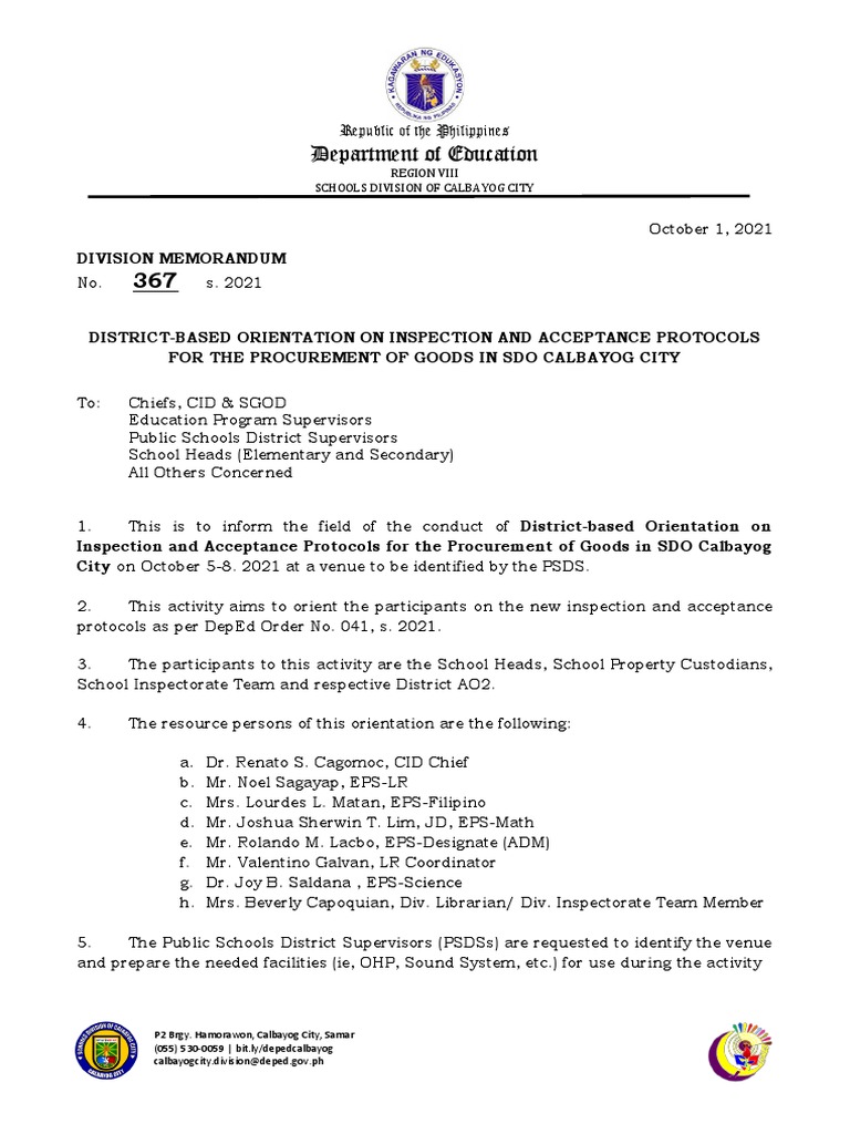 Memo On District Based Orientation On Inspection and Acceptance | PDF