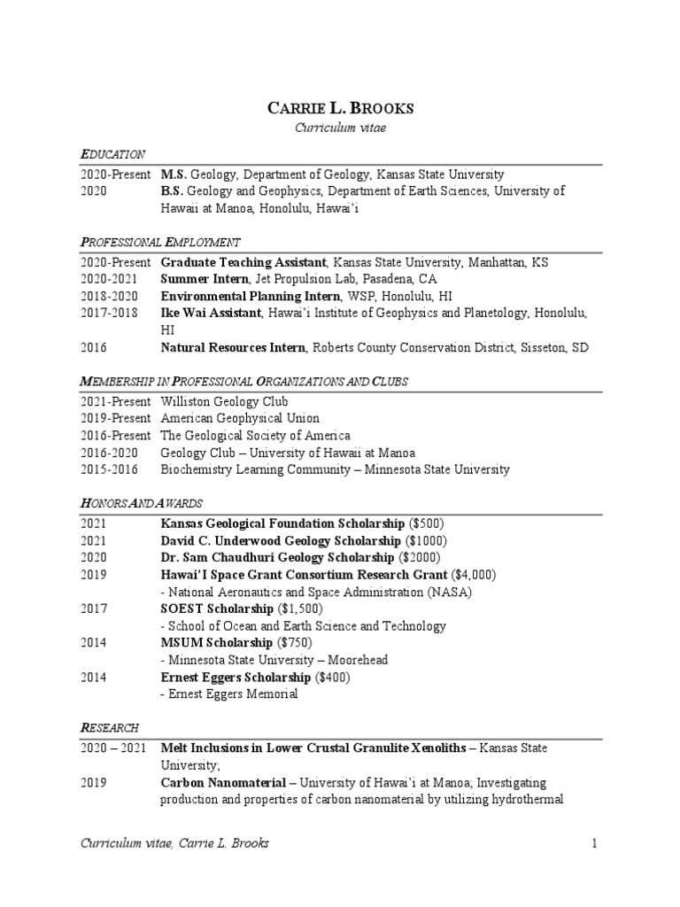 Carrie Brooks CV 10-2021-Weebly v2 | Download Free PDF | Geology | Nature