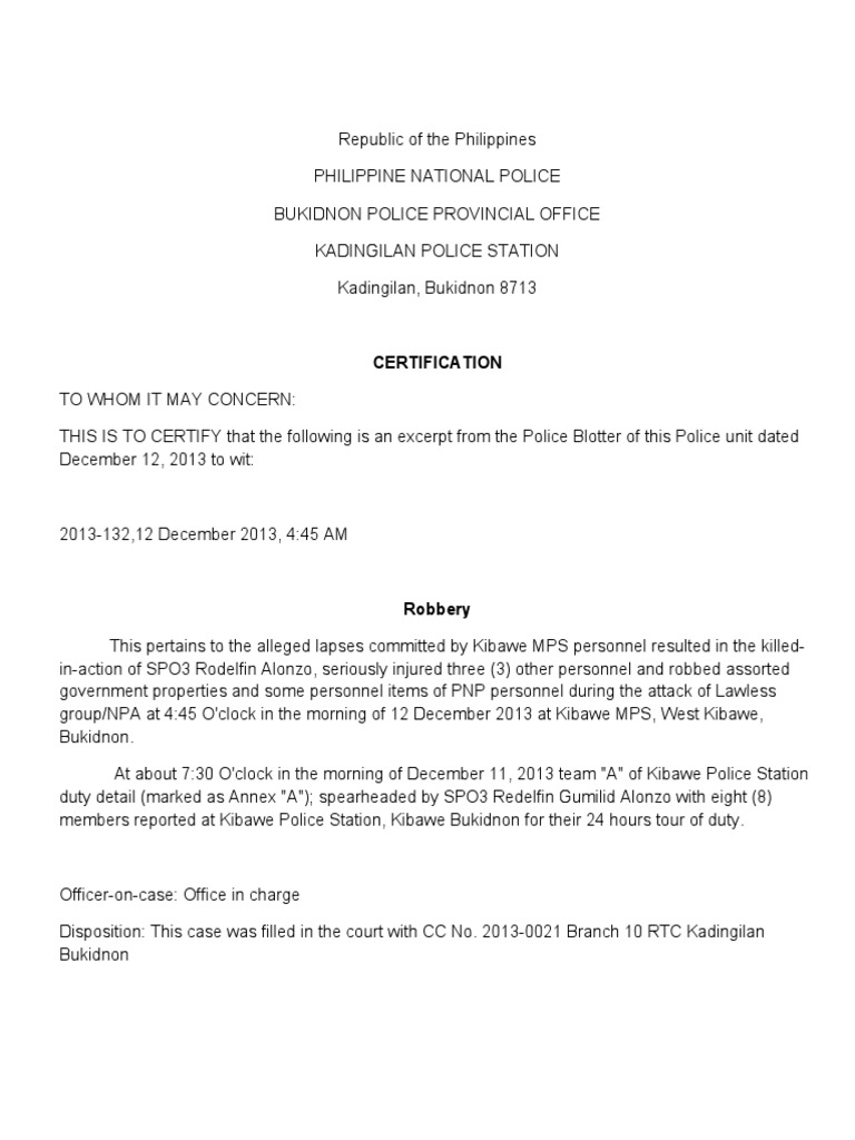 Certification of Blotter | PDF