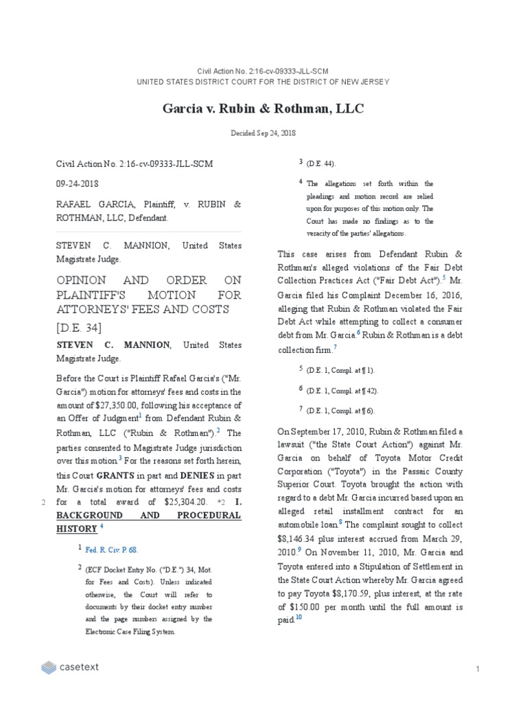 Garcia v. Rubin & Rothman: Fee Award | PDF | Lawsuit | Complaint
