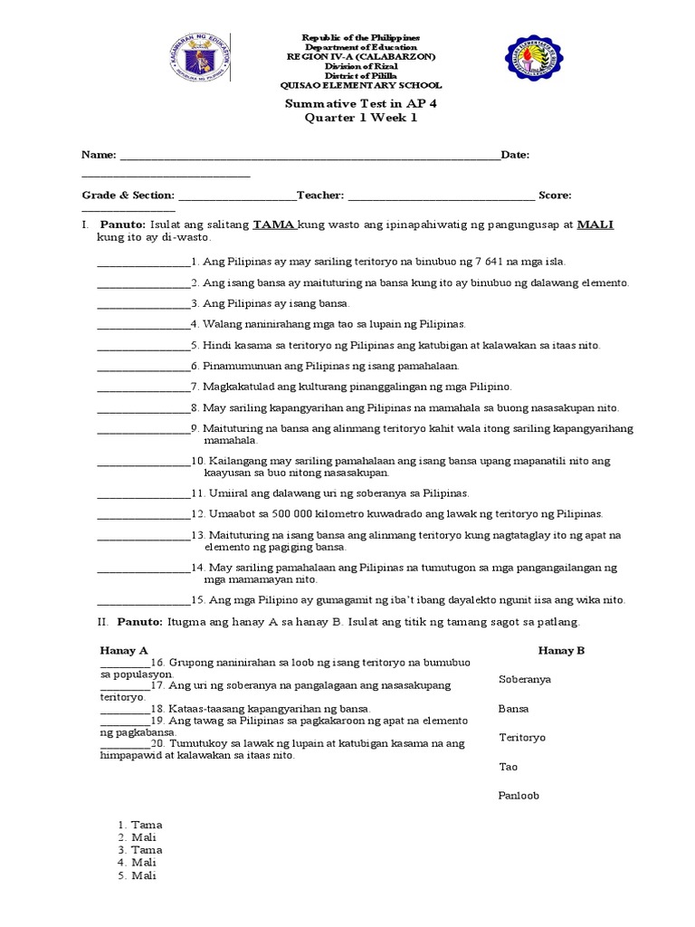 SummativeTest in AP4 q1 Week 1 | PDF