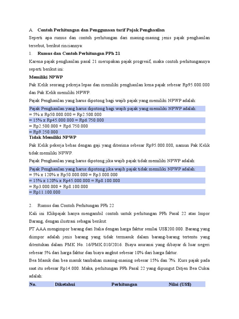 Contoh Perhitungan Dan Penggunaan Tarif Pajak Penghasilan | PDF