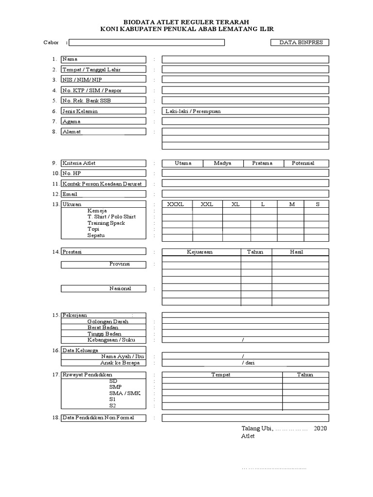 Format Biodata Atlet | PDF