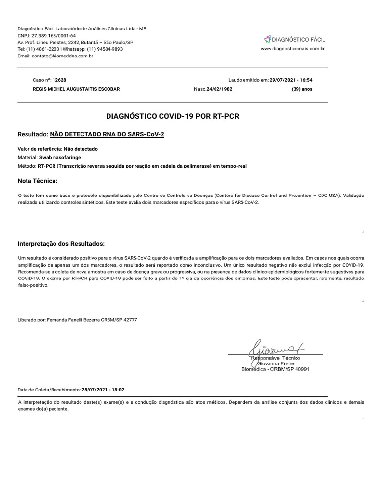 Resultado negativo para detecção de RNA do SARS-CoV-2 em teste RT-PCR ...