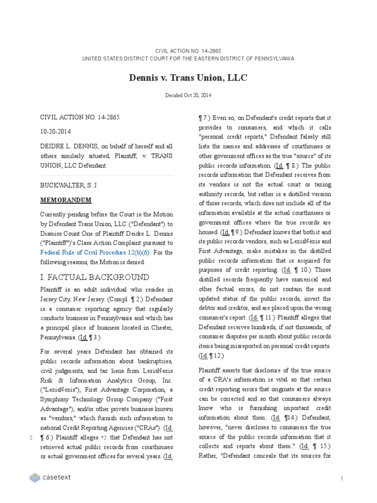 Dennis v. Trans Union: Class Action Case | PDF | Federal Rules Of Civil ...