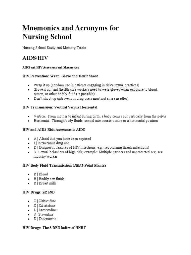 Nursing Mnemonics and Acronyms Guide | PDF | Stroke | White Blood Cell