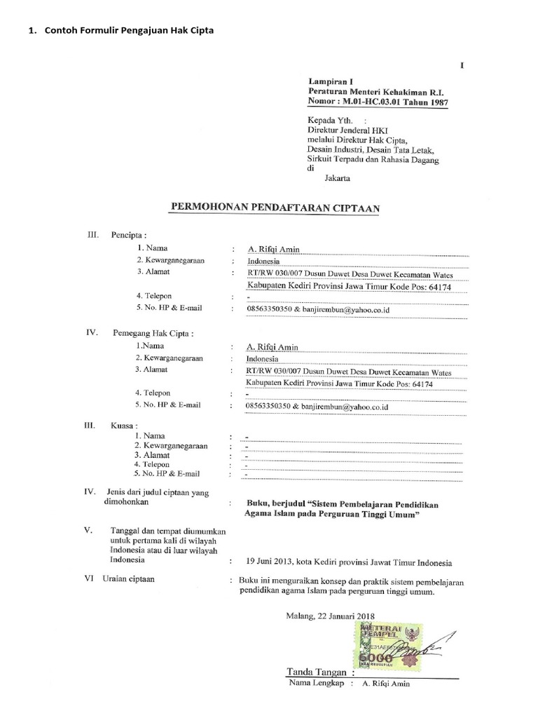 Contoh Formulir Pengajuan Hak Cipta | PDF