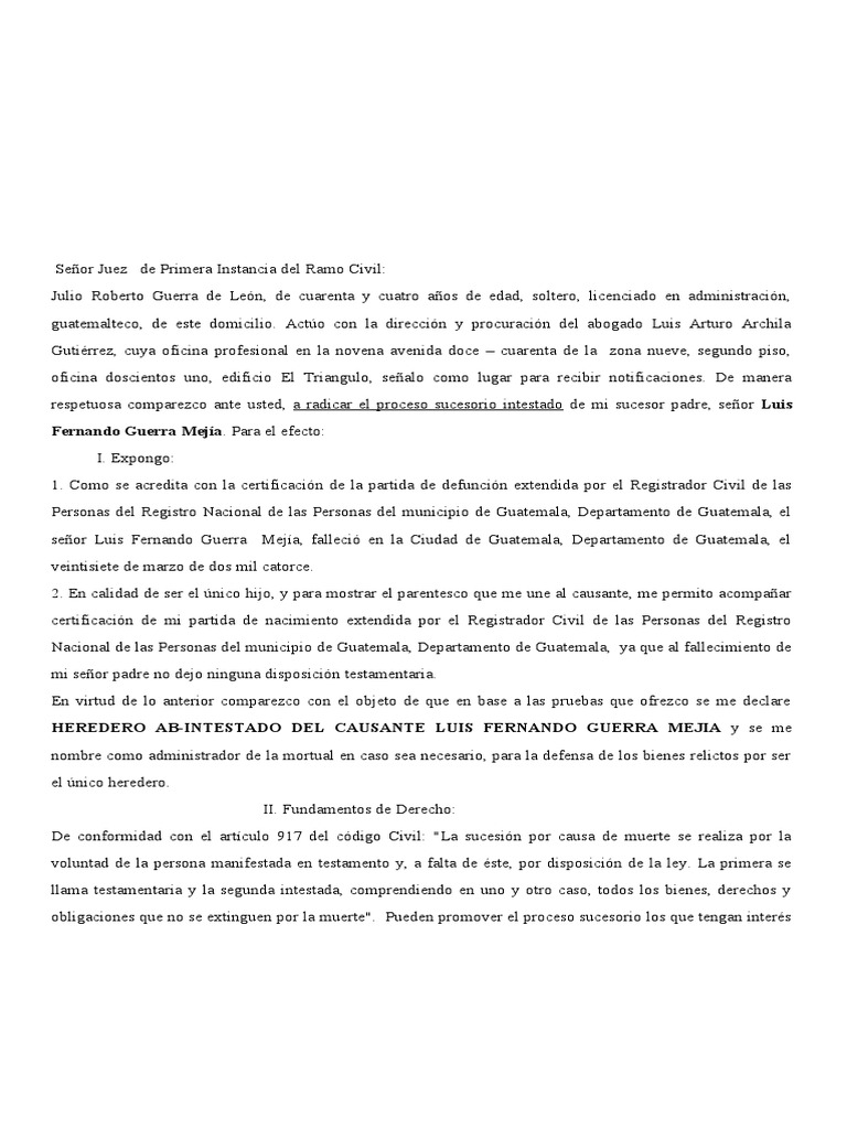 PROCESO SUCESORIO INTESTADO JUDICIAL FIGUEROA - Docx Versi N 1 | PDF ...