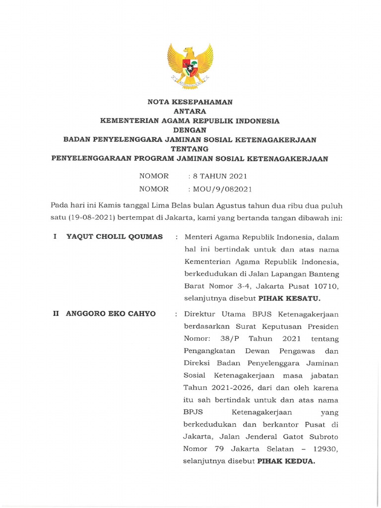 Mou Bpjs Ketenagakerjaan Dan Kementerian Agama Ri | PDF