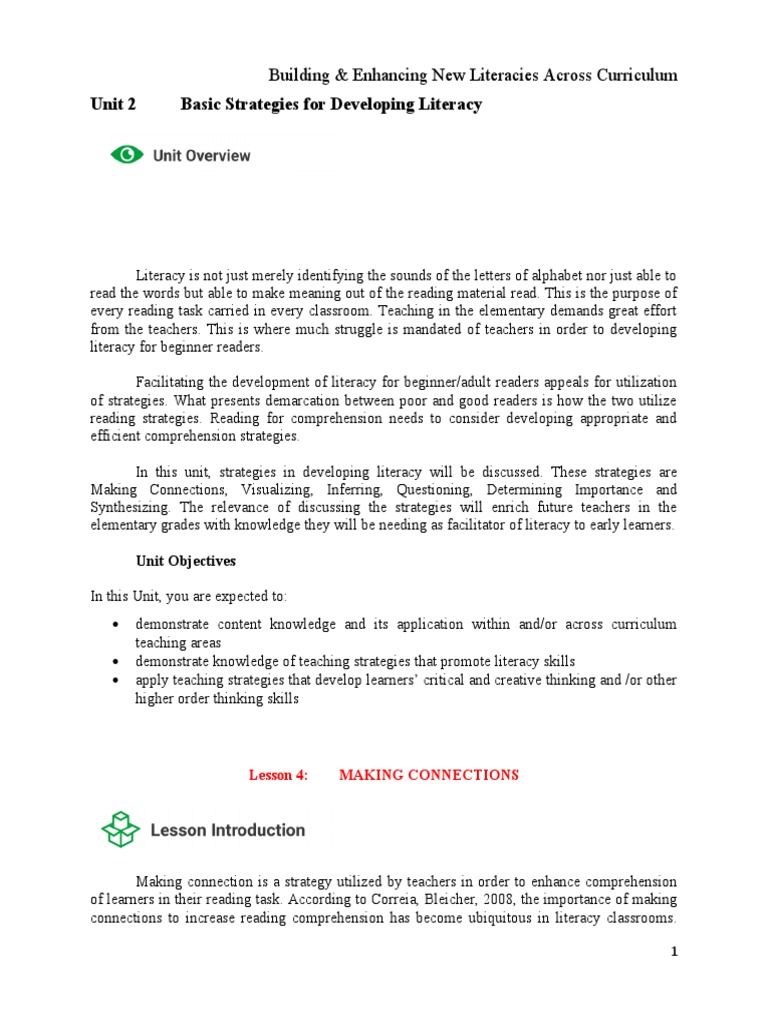 Unit 2 Basic Strategies For Developing Literacy Lessons 4 9 | PDF ...