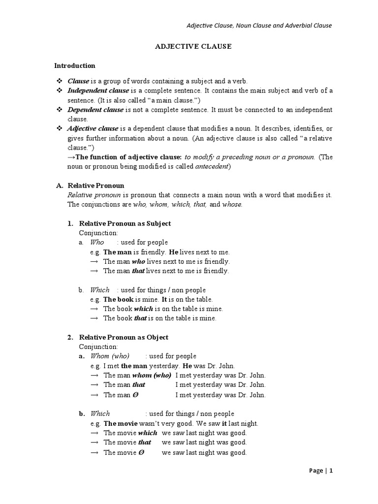 Adjective Clause Noun Clause and Adverbial Clause | PDF | Adverb ...