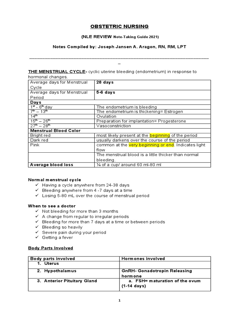 Obstetric Nursing: Note-Taking Guide 2021) | PDF | Menstrual Cycle ...