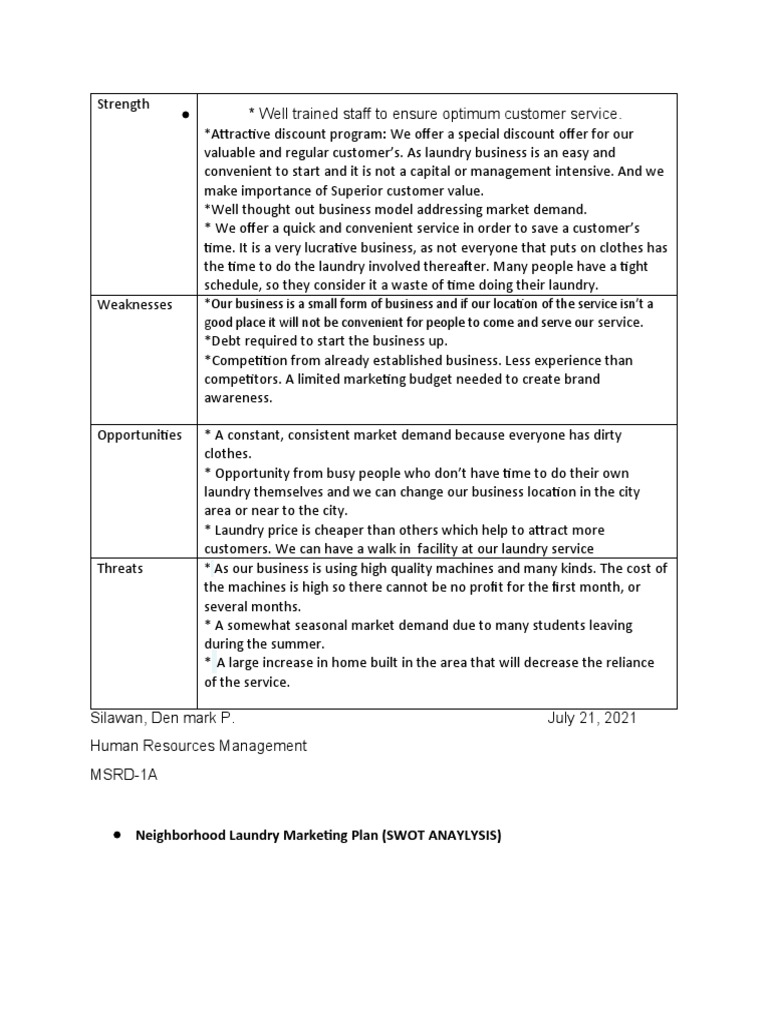 Neighborhood Laundry Marketing Plan (SWOT ANAYLYSIS) | PDF | Swot ...