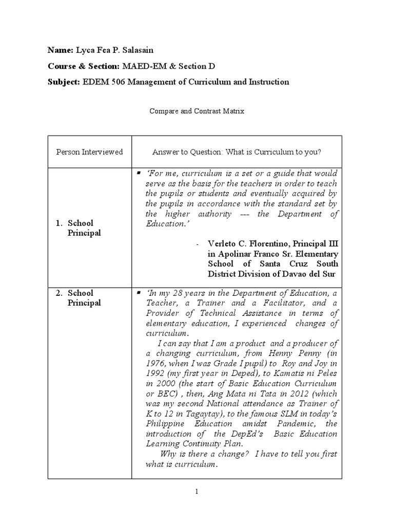 EDEM 506 Activity No. 1 - Compare and Contrast Matrix | PDF ...