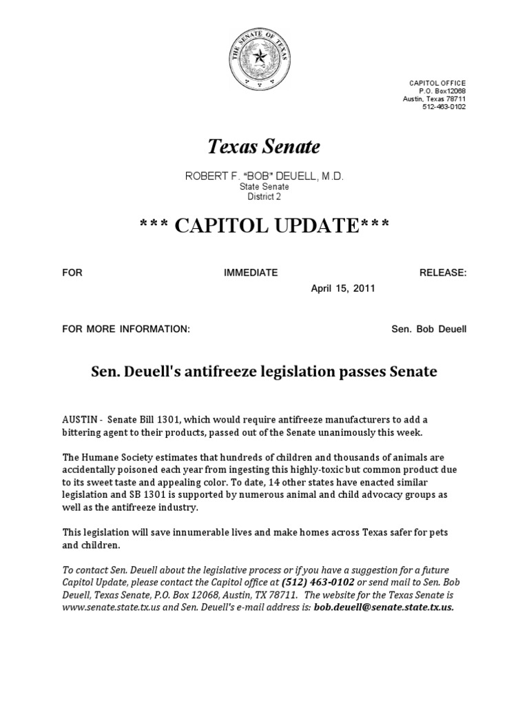 Sen Bob Deuell - Capitol Update 4.15.11 | PDF