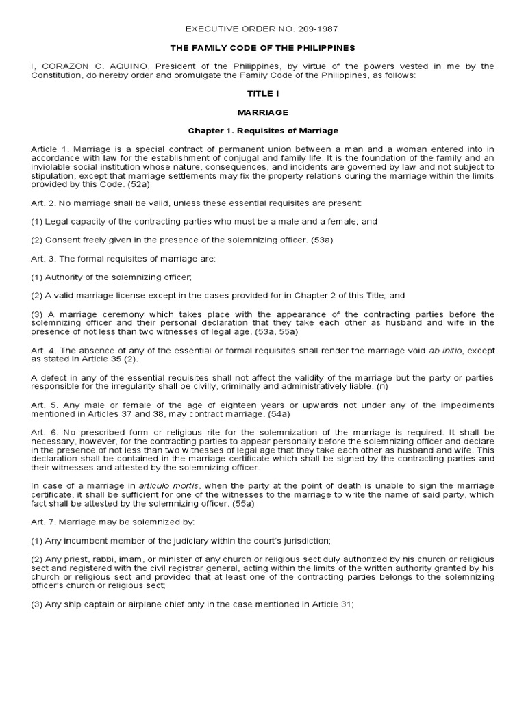 Executive Order No 209 | PDF | Annulment | Marriage