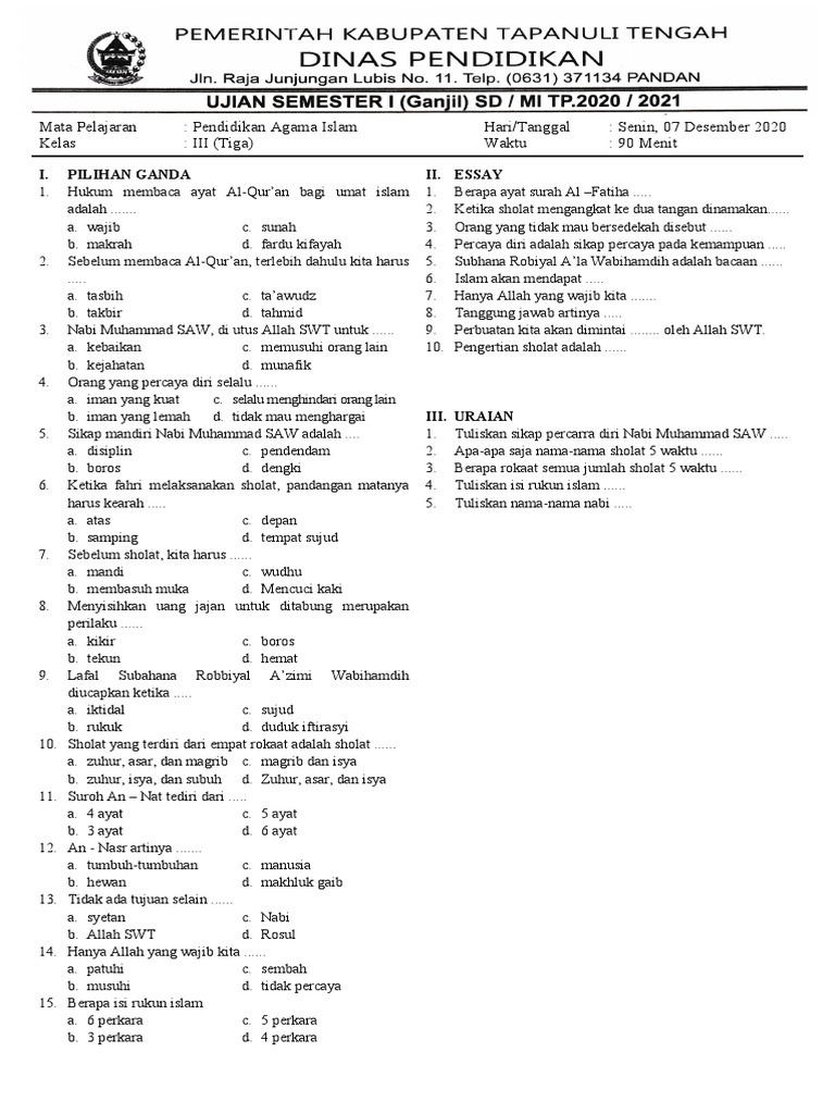 Ujian Semester Ganjil Pendi. Agama Islam | PDF