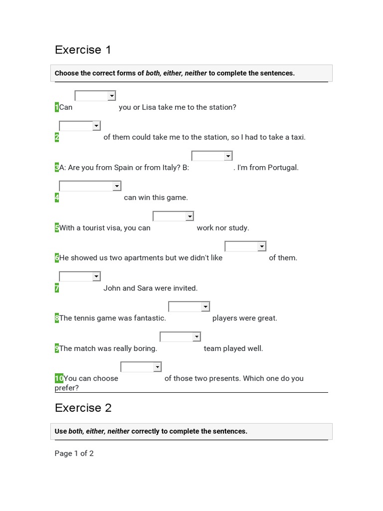 Either, Neither and Both Worksheet | PDF
