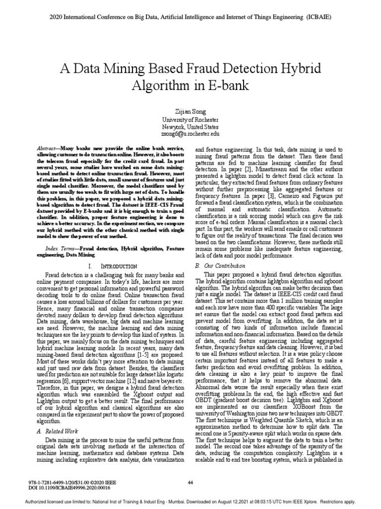 A Data Mining Based Fraud Detection Hybrid Algorithm In E Bank Pdf Computing Information