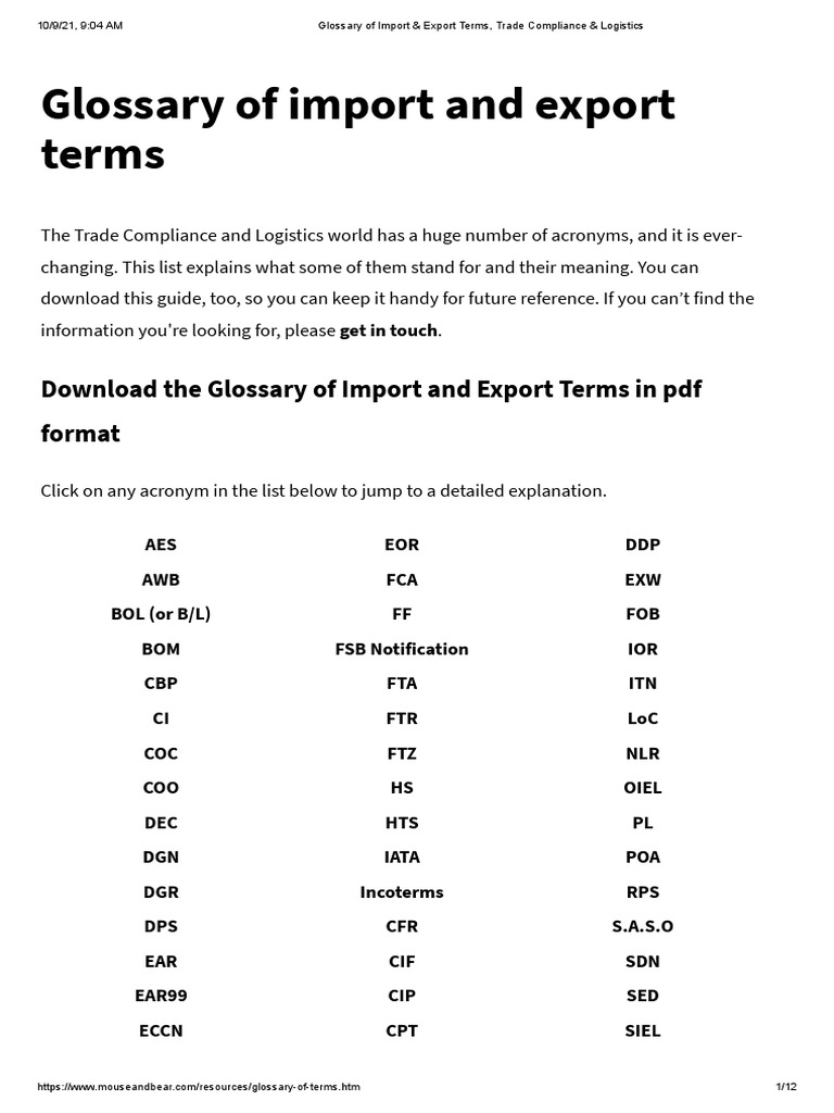 The Glossary of Import and Export Terms in PDF Format | Download Free ...