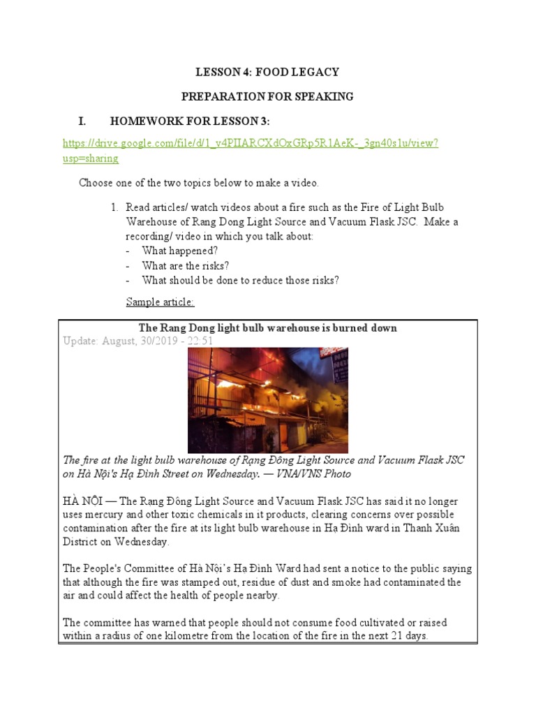 Lesson 4: Food Legacy Preparation For Speaking I. Homework For Lesson 3 ...